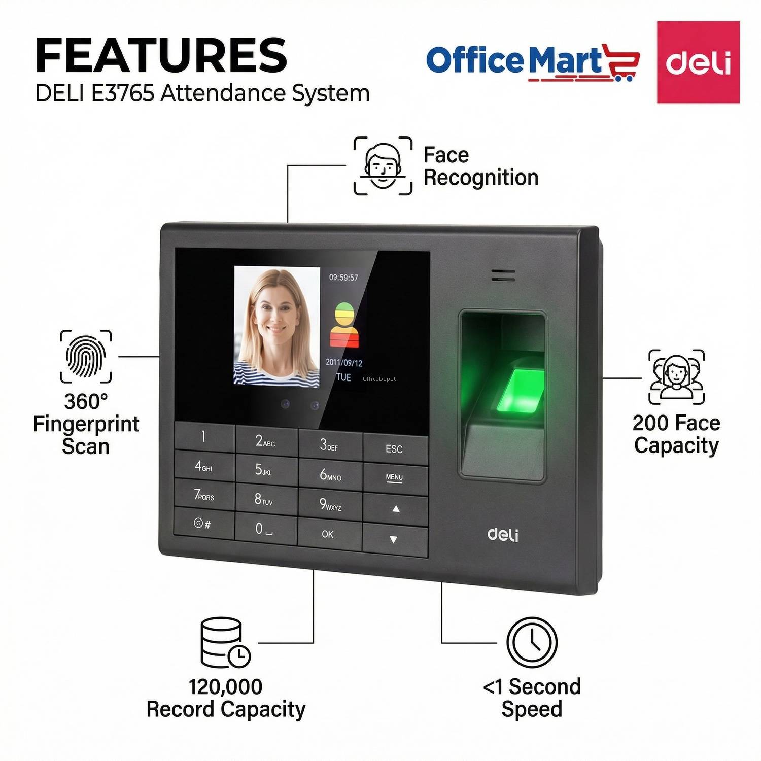 Deli E3765 Face Recognition & Fingerprint Attendance Machine | Office ...